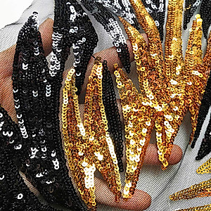 African Sequins Long Appliques Patches Embroidered Nigerian Lace Fabrics French Tulle for Women Evening Clothes Prom Dresses(Black and Gold, 1 Piece(30x130cm))