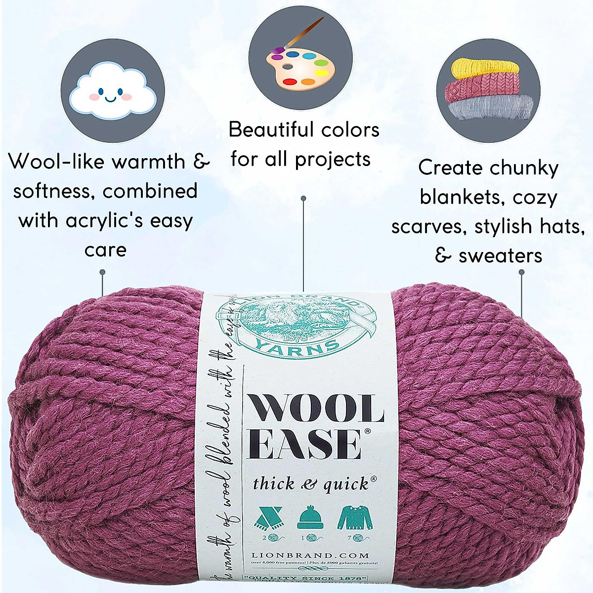 Lion Brand Wool Ease Thick & Quick Fig 640-146 (3-Skeins - Same Dye Lot) #6 S Bulky Acrylic-Wool Yarn for Crocheting and Knitting with Project Bag