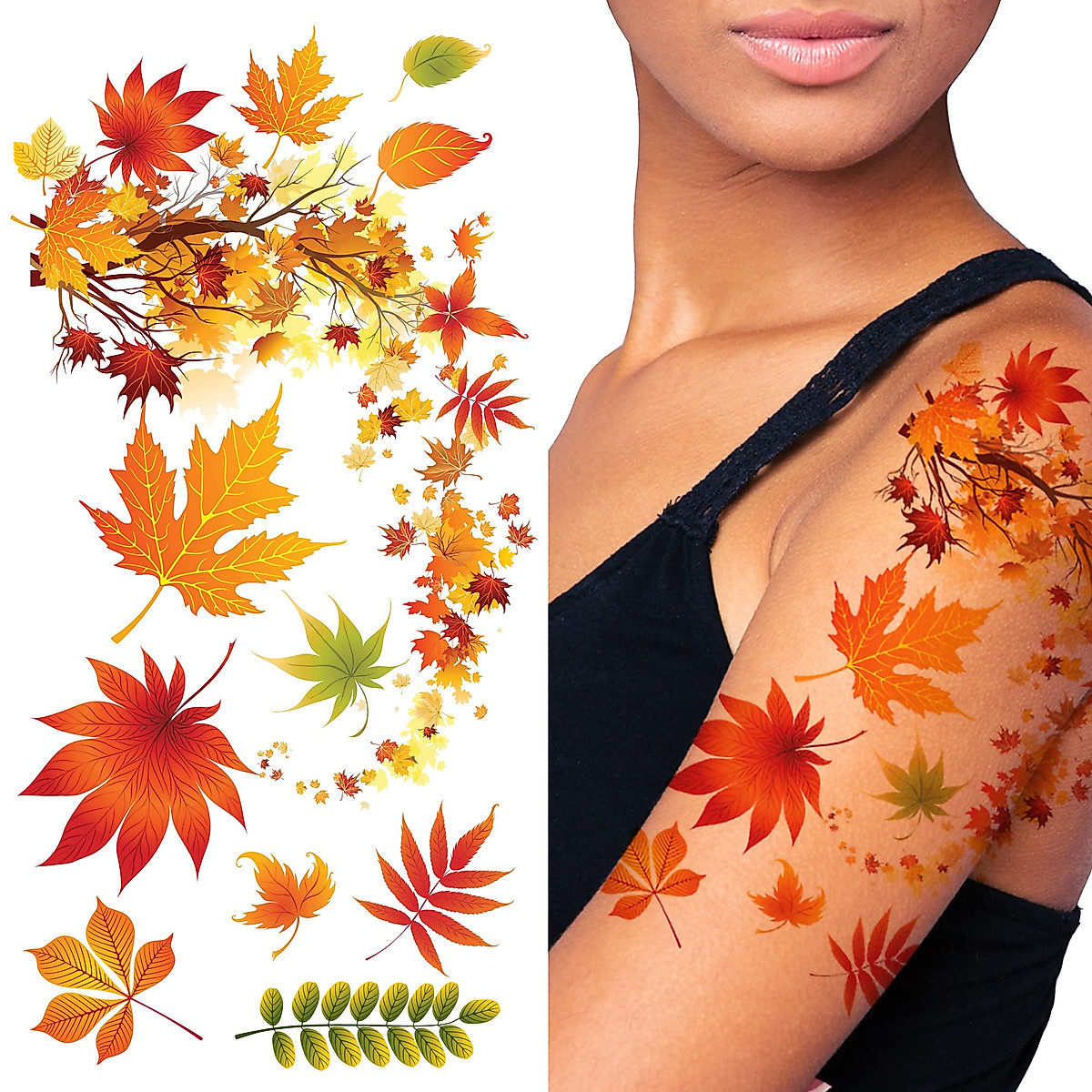 Supperb® Flower & Autumn Leaves Temporary Tattoos Gorgeous Color Tattoos (Fall In Love)