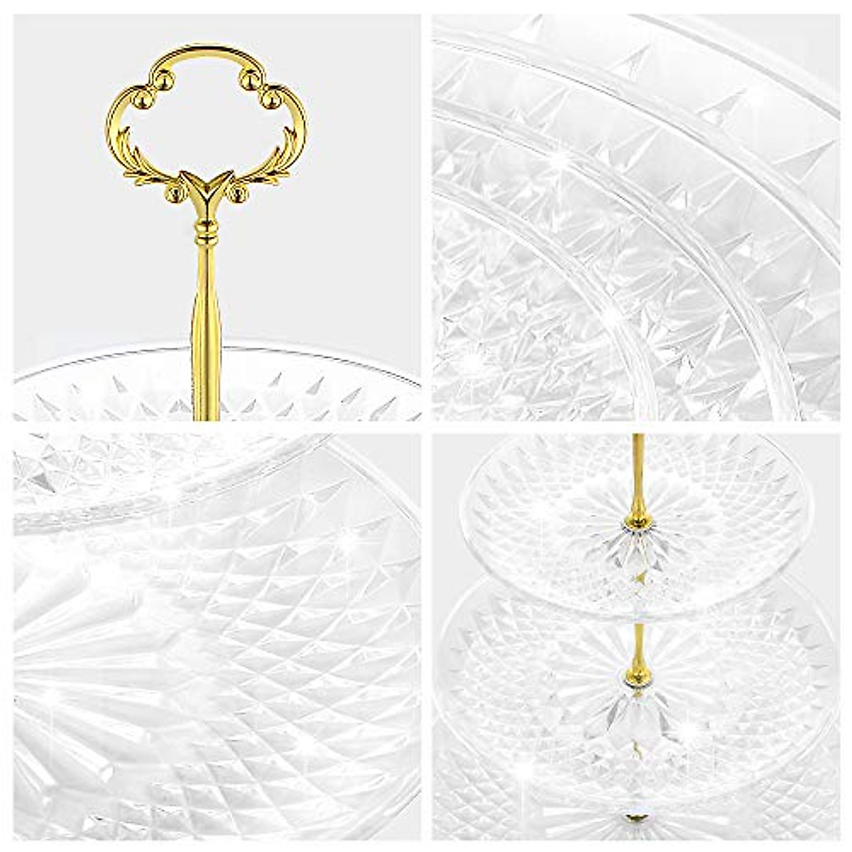 NWK 3/4-Tier Cupcake Stand with Crystal-Clear Plastic Plates and Metal Struts Dessert Stable Tower Display Rack Serving Tray for Wedding Birthday Bridal Shower Autumn NYE Tea Party (Gold)