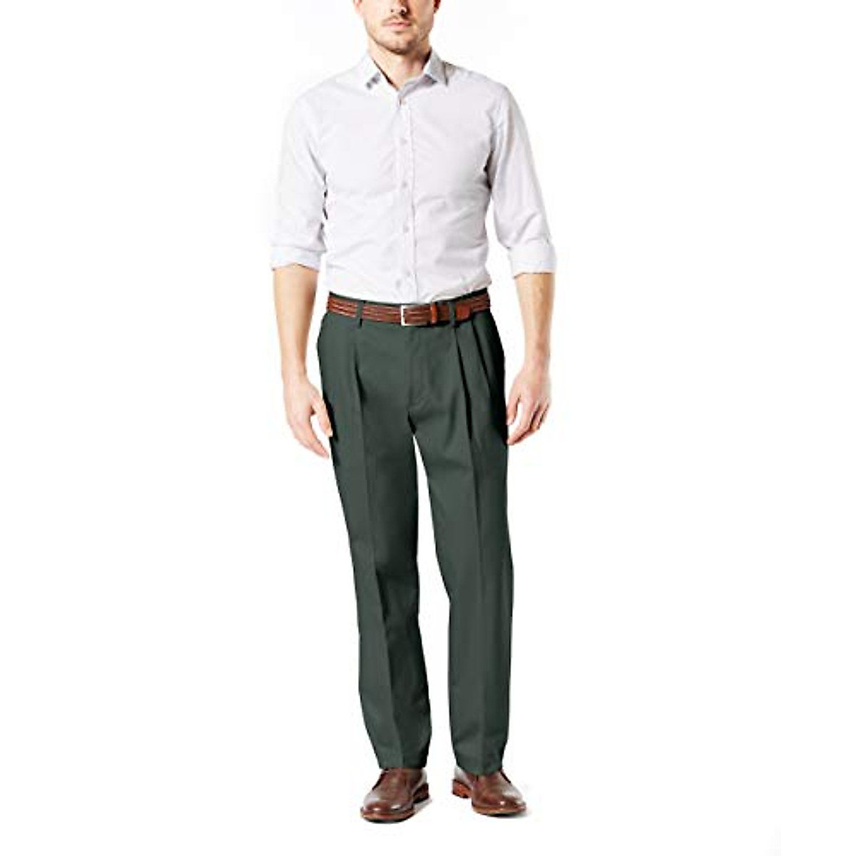 Dockers Men's Classic Fit Signature Khaki Lux Cotton Stretch Pants-Pleated (Regular and Big & Tall), Olive Grove, 36W x 32L