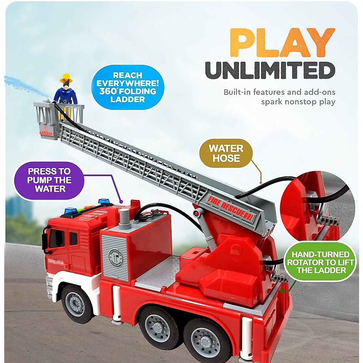 FUNERICA Fire Truck with Water Hose Pump, Flashing Lights, Siren Sounds, Extending Ladder, 5 Fireman, Firefighter Figures, Powered Firetruck Engine, Best Toy Gift for Toddlers, Kids, Boys, and Girls