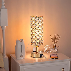 Hong-in Crystal Table Lamp, Gold Lamp for Bedroom with USBC-A+ AC Charging Ports, 3 Way Dimmable Light with Crystal Lampshade, Bedside Lamp Touch Light for Girl Room, Charge Phone (Bulb Included)