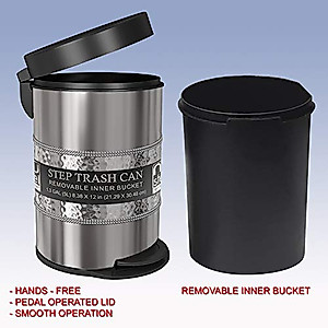 nu steel 5 Liter Round Small Metal Step Trash Can Wastebasket, Garbage Container Bin - for Bathroom, Powder Room, Bedroom, Kitchen, Office - Removable Liner Bucket - 8" X 8" X 12" – Shiny Steel