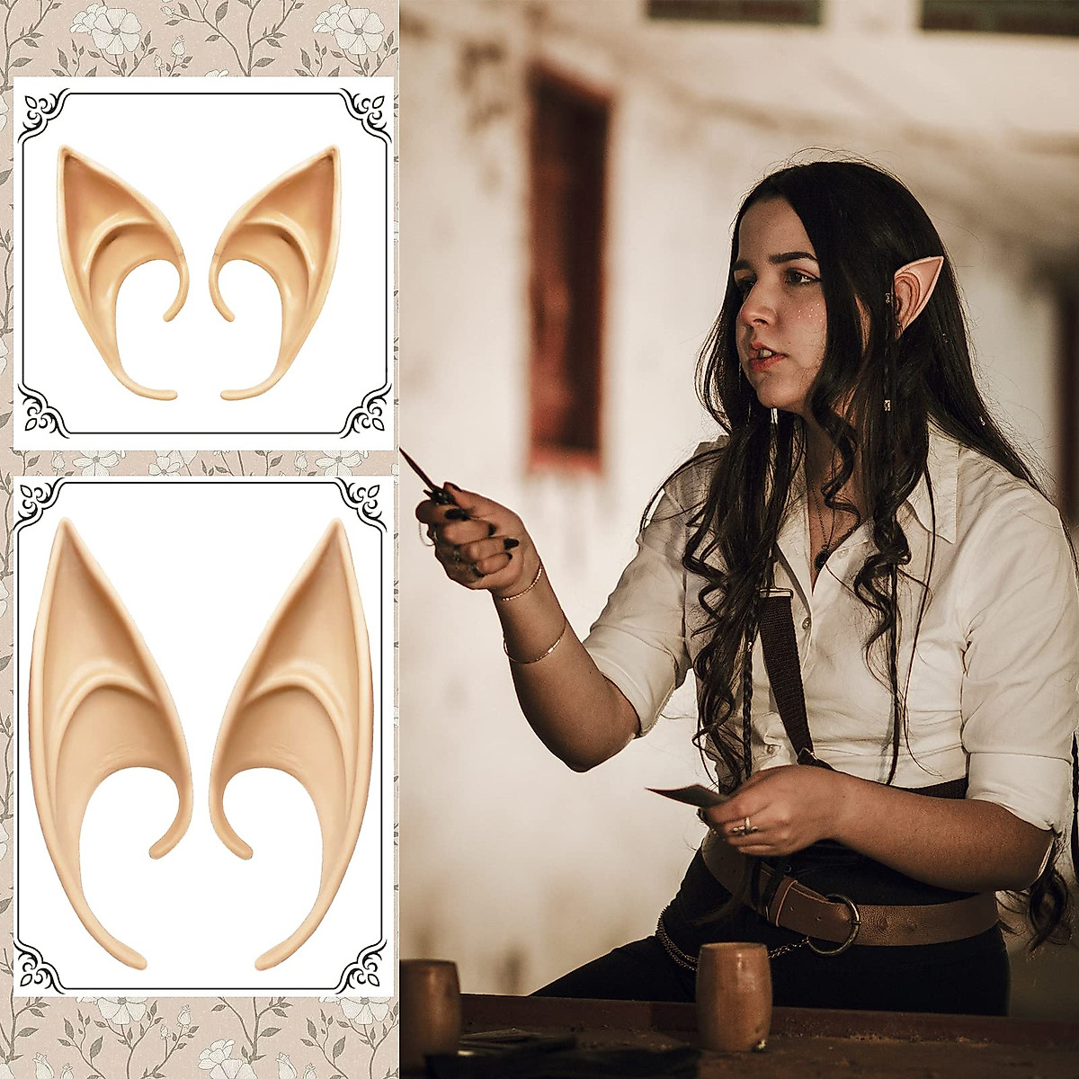 Rhinestone Leaf Wedding Tiara Headband with Fairy Elf Ears,Dress Up Costume Masquerade Accessories-1 Rose Gold Fairy Crown Headband+2 Pairs Cosplay Fairy Pixie Elf Ears for Halloween,Christmas,Wedding,Prom