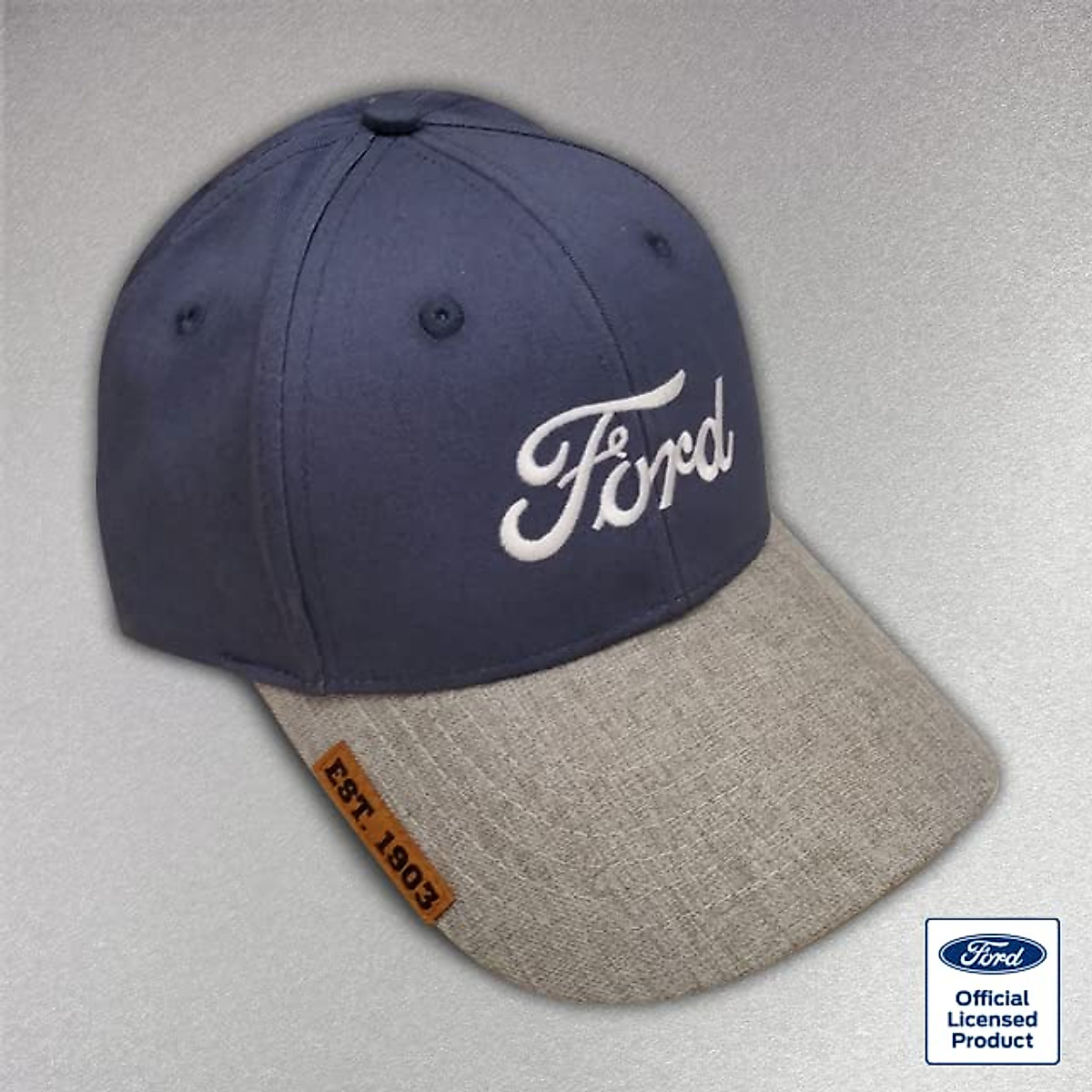 Ford Vintage Script Chino Twill Adjustable Baseball Cap, Blue and Grey
