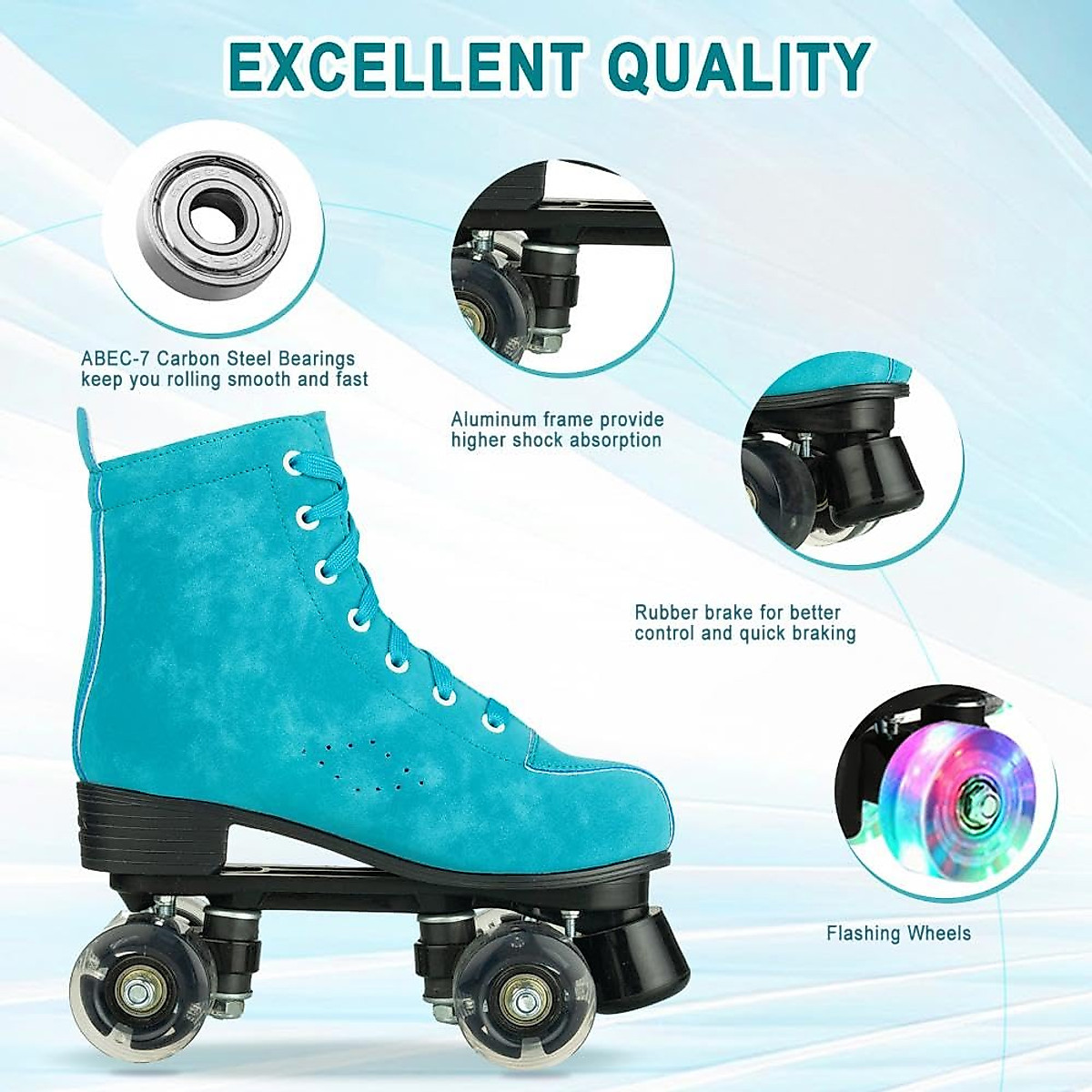 YYW Women Roller Skates High Top Girls Double Row Shiny Roller Derby Skates Four Wheel Unisex PU Classic Skates for Beginner Outdoor (Lake Blue Flashing Wheel,34-8.85in - Women's 5.5 / Men's 4)