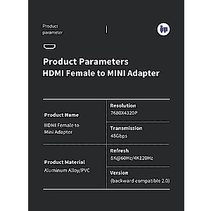 8K@60Hz 90-Degree Left Angle HDMI to MINI High-Speed Adapter（pack of 3）, Supports HDR, 3D, 48Gbps, Compatible with DSLR, Camcorder, Graphics Card, Laptop, Projector, Suitable for Home and Office Use