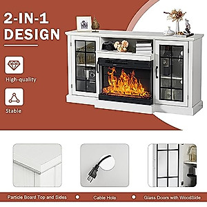 oneinmil Fireplace TV Stand with 3-Sided Glass Electric Fireplace,59'' Modern Media Entertainment Center with Farmhouse Glass Door Storage Cabinet, TV Cabinet for TVs up to 65",for Living Room,White