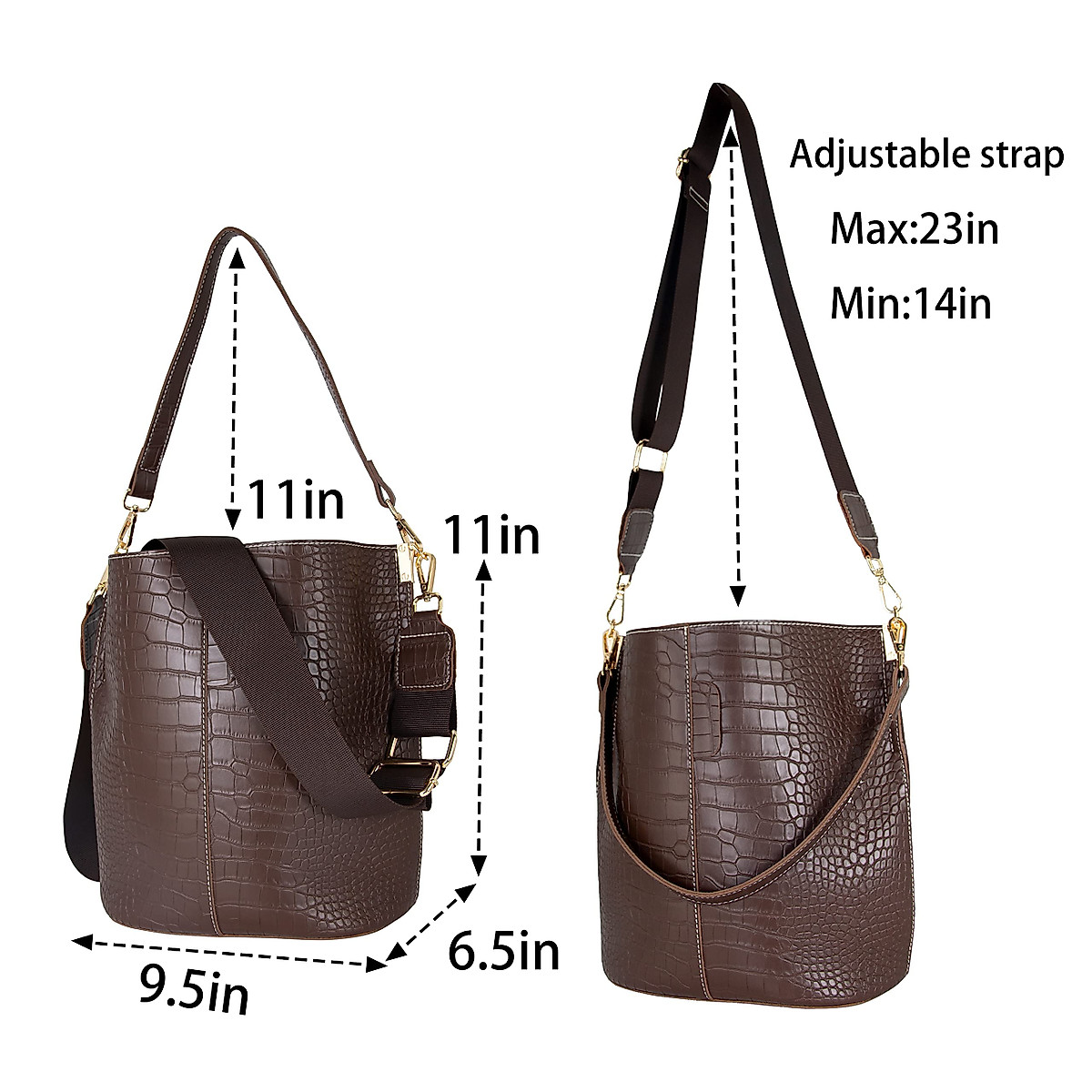Hirooms Women retro design shoulder bag crocodile leather large capacity bucket handbag (Brown)