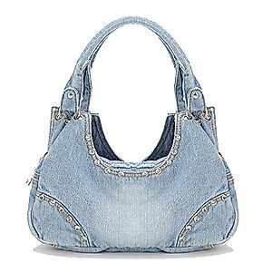 Donalworld Women Cute Flower Jeans Denim Tote Handbags Ltblue