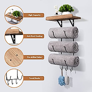 Towel Rack Wall Mounted for Bathroom, IRIIJANE Metal Bath Towel Holder Storage Hand Towels w/Wood Shelf and 3 Hooks for Small Bathroom Organizer Decor or RV Camper, Black