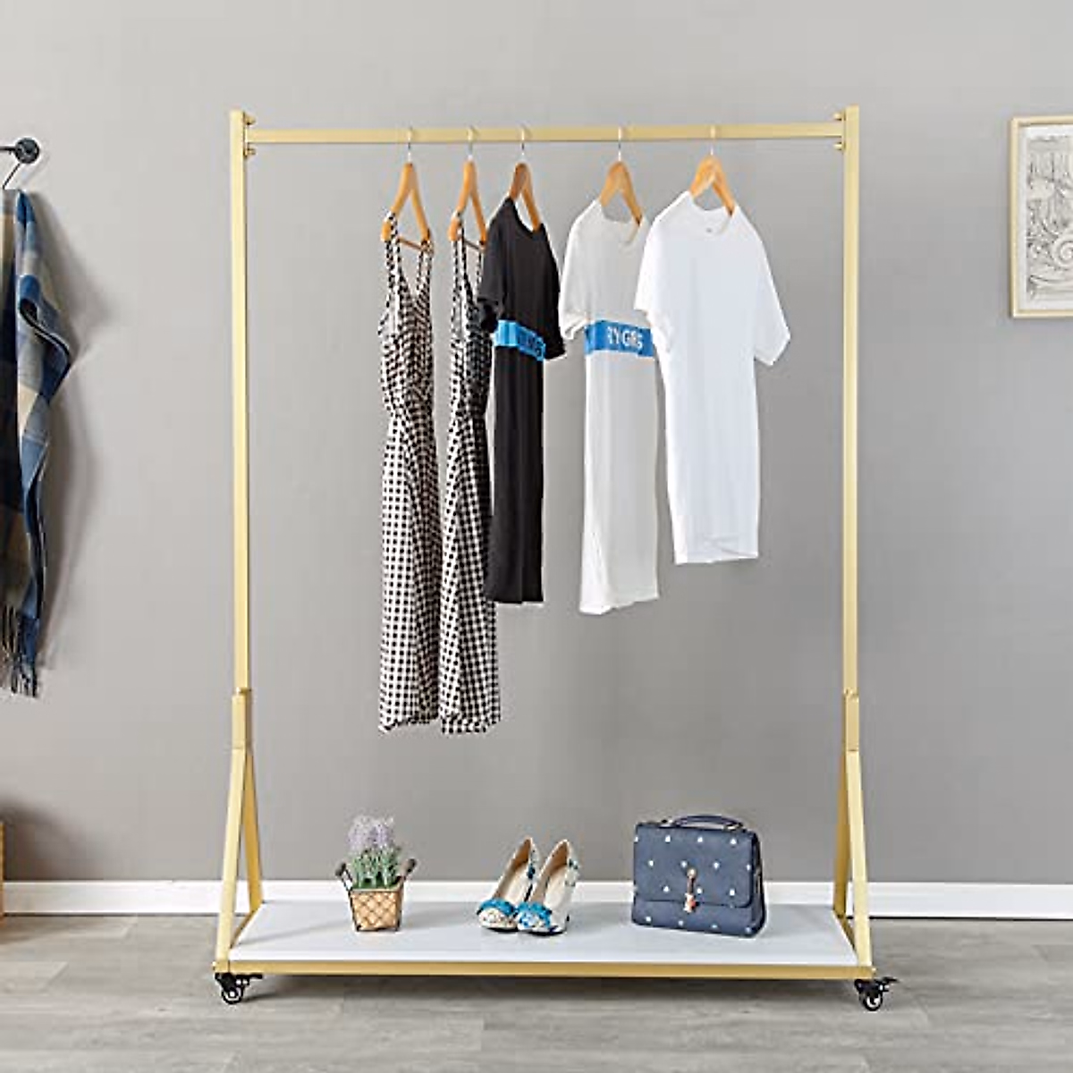 WFDERAN Modern Simple Heavy Duty Metal and Wood Rolling Clothing Garment Rack with Wheel,Creative Commercial Wedding Dress Display Shelf,Floor-Standing Clothes Hangers (Gold with Wood, 47.2" L)