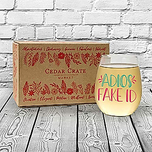 Adios Fake ID - Funny Cute Wine Glass, Stemless 15oz, Gift Box, 21st Birthday Gifts for Women, Finally Legal, R.I.P Fake ID, Happy 21st Birthday Gift for Women, Funny Gift Ideas for Sister, Friend