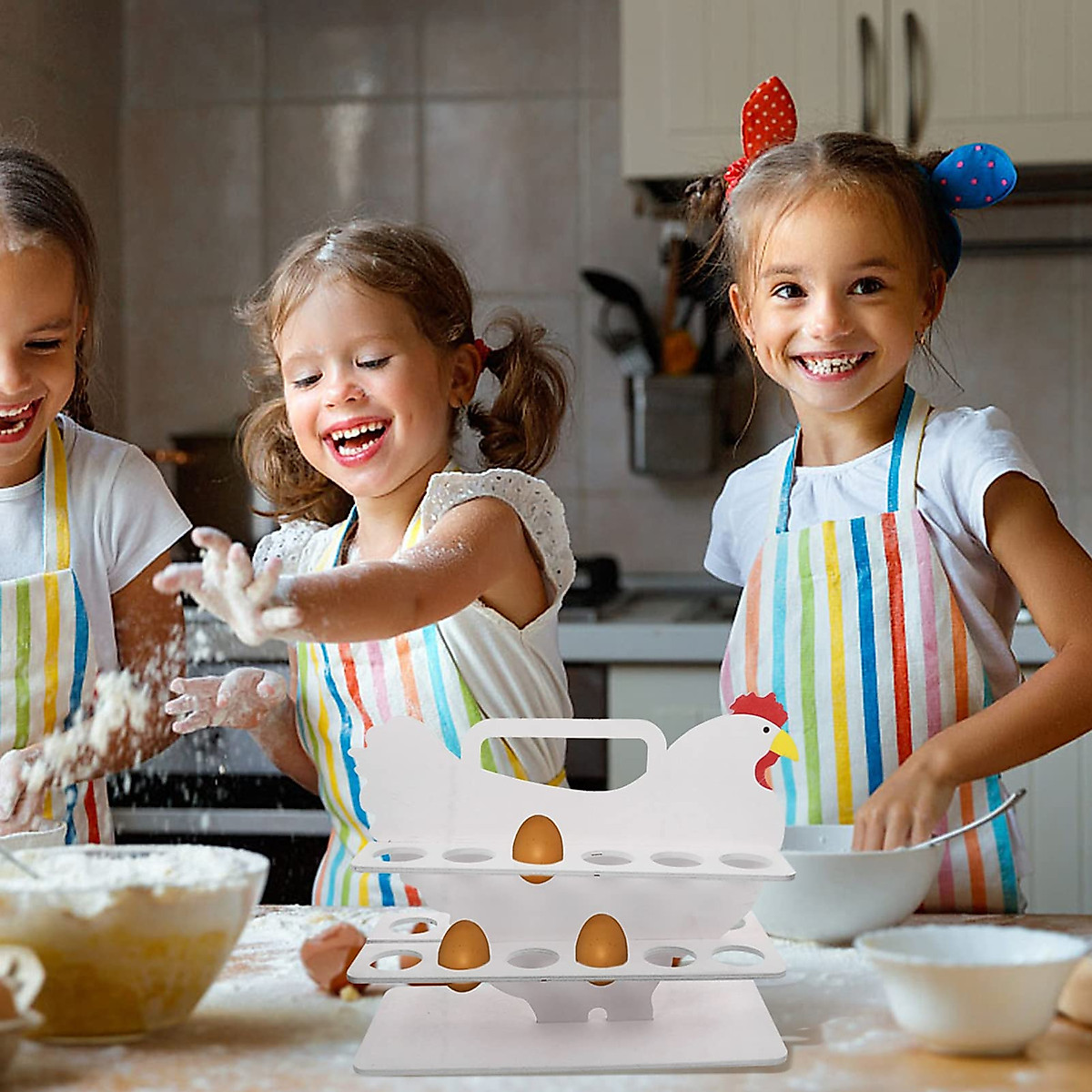 DOITOOL Fridge Egg Holder Wooden Egg Holder Chicken Shape Egg Dispenser Rack Egg Display Stand Egg Holder Carrier with Handle for Home Kitchen Accessory Tray