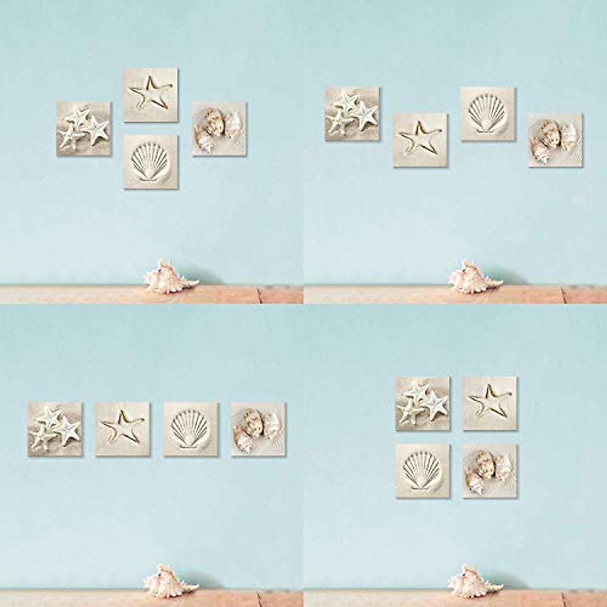 Coastal Serene Canvas Wall Art: Shells on Beach Sand Giclee Print Painting for Wall Decor for SPA Room (12''x12''x4pcs)