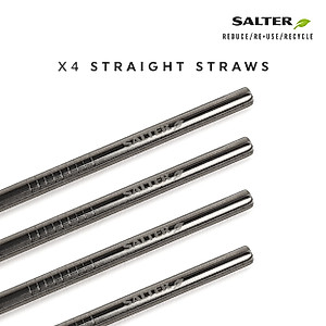 Salter 302 SSXR Eco Reusable Metal Drinking Straws, Curved and Straight Design, Set of 8, Includes a Sisal Fibre Cleaning Brush and Drawstring Bag, Perfect for a Night Out or Picnic, Stainless Steel