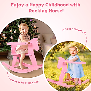Belleur Wooden Rocking Horse for Toddler 1-3 Year Old, Baby Wood Ride-on Toys with Removable Fence for Indoor & Outdoor Activities, Boys & Girls Rocking Animal for Birthday Pink