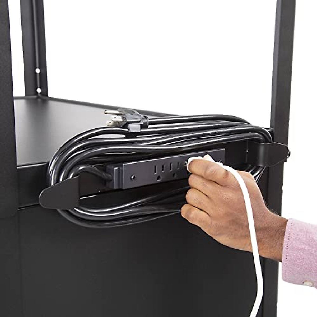 Line Leader AV Cart with Locking Cabinet and Drop Leaves | Height Adjustable Utility Cart with Extra Storage | Power Strip and Cord Management | Great for Presentations (Black / 46 x 18)