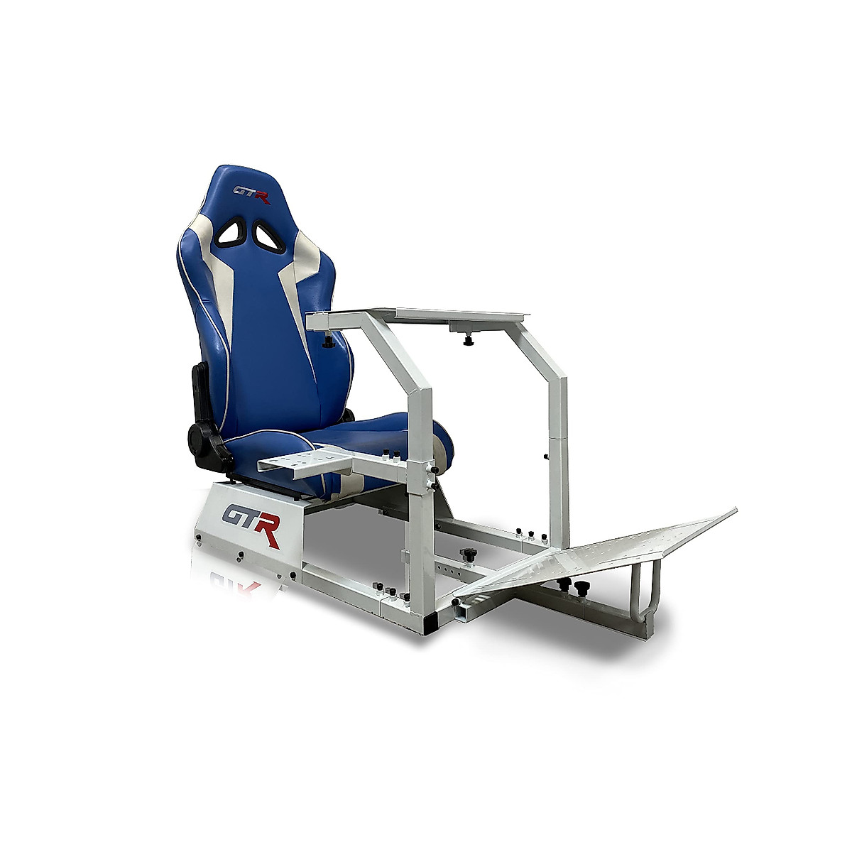 GTR Simulator GTA Model White Frame with Adjustable Blue White Leatherette Racing Seat Racing Driving Gaming Simulator Cockpit Chair