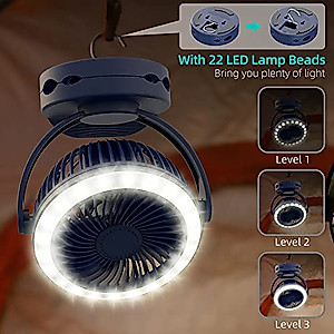 SLENPET 10000mAh Portable Camping Fan with Light, Rechargeable USB Fan with 40H Working Time, 360°Rotatation, 4 Speeds Adjustment, 2-6H Time Setting, Hanging Hook Fan for Tent Car Outdoor (Blue)