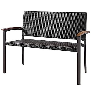 Tangkula Outdoor Stackable Bench, All-Weather PE Wicker Loveseat with Acacia Wood Armrests, 2-Person Heavy Duty Metal Frame Patio Bench, for Garden, Front Porch, Courtyard