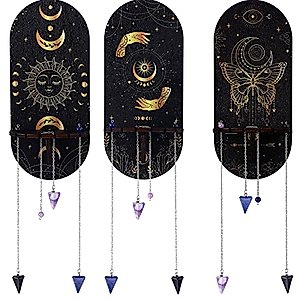 3 Pcs Small Crystal Shelf Black Crystal Display Shelf Butterfly Magical Boho Hand Moon Crystal Shelf Stars Moon Phases Wooden Crystal Holder with 3 Crystals Stone for Home Decor Wizard Witch Stuff