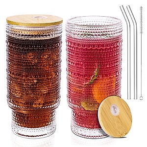 CWHHRN 16OZ Glass Cups with Lids and Straws, Vintage Embossed Glassware for Whiskey Cocktail Beer, Iced Coffee Cups with Lid, Glass Tumbler with Straw and Lid (2 PACK)