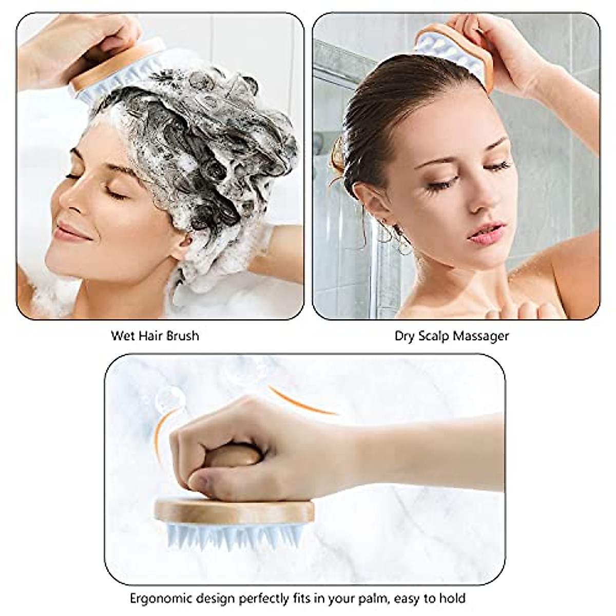 Scalp Massager Shampoo Brush, Wooden Wet and Dry Hair Scalp Care Brush, Shower Brush Scalp Scrubber Exfoliator with Soft Silicone Bristles for Dandruff Removal, Hair Growth (White)