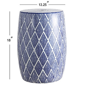 JONATHAN Y TBL1019A Moroccan Diamonds 18" Ceramic Drum Garden Stool, Coastal, Contemporary, Transitional, Side Table, Plant Stand, Spill-Proof, Living Room, Garden Room, Patio, Blue/White