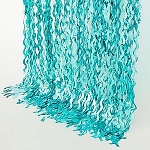 4 Pack 3.3 ft x 6.6 ft Wavy Aqua Teal Blue Tinsel Foil Fringe Curtains Backdrop - Wave Metallic Foil Curtains for Wedding Girl Princess Bachelorette Euphoria Theme Party Decoration
