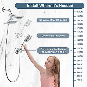 BRIGHT SHOWERS Rain Shower Head with Handheld Spray, 8 Inch High Pressure Rainfall Shower Head Combo with 60” Hose, Adjustable Dual Square Showerhead with 3-Way Diverter, Wall Bracket, Chrome