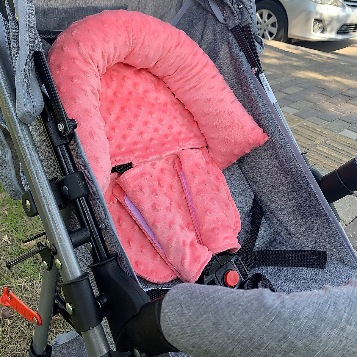 Baby Infant Head and Neck Support Pillow with Seat Belt for Car Seat -Extra Soft 3-in-1 Toddler Car Seat Insert Cushion Pad for Car Seats Water Pink