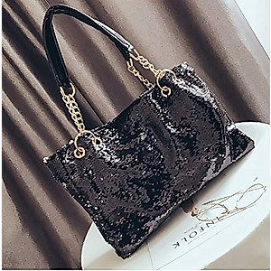 QTKJ Fashion Two Tone Reversible Sequin Tote Bag Zipper Shoulder Bag with Chain and Leather Straps (Black)