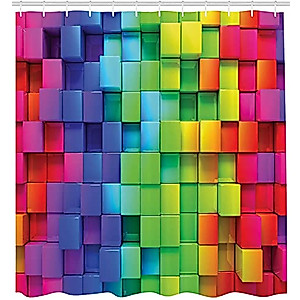 Yuaobeimei Colorful Tie Dye Shower Curtain Abstract Rainbow Cube Block Brick-Like Geometric 4 Pieces Bathroom Sets with Mat Rugs 3D Curtain Fabric Bath Decor