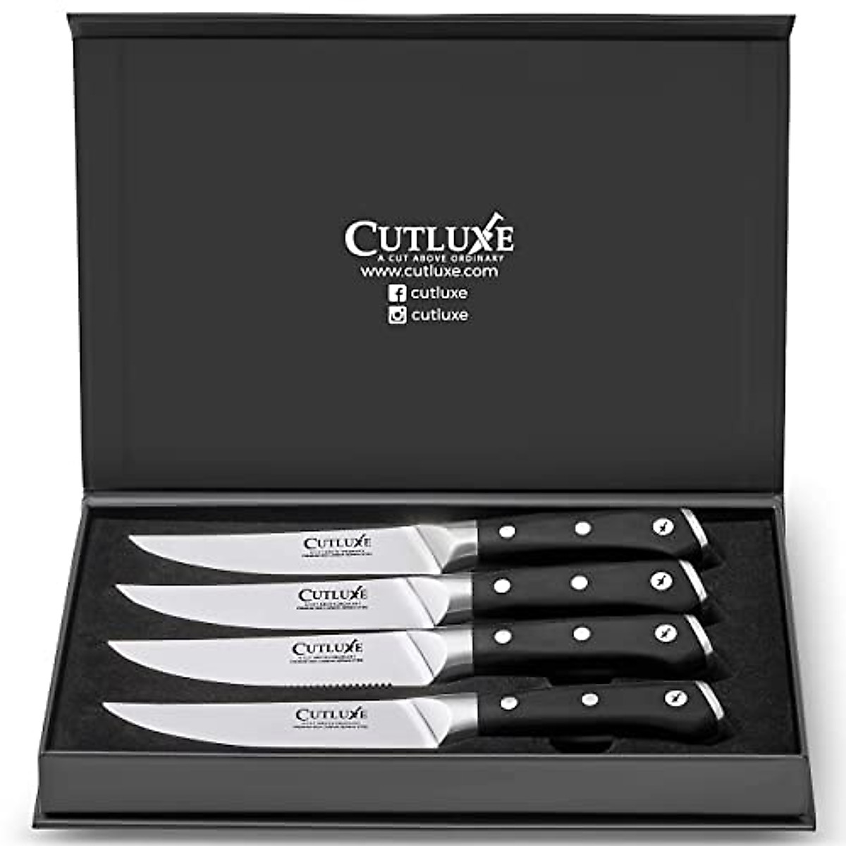 CUTLUXE 4 Pcs Steak Knife Set & 8 Pcs Knife Block Set– Forged High Carbon German Steel – Full Tang & Razor Sharp – Ergonomic Handle Design – Artisan Series