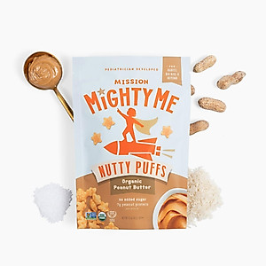 Mission Mighty Me Nutty Puffs Peanut Butter Puffs for Babies + Kids - Pediatrician Developed - USDA Organic, Plant-Based Protein, Gluten-Free Puffs Baby Snack - Peanut Flavor (1.5oz, 5-Pack)