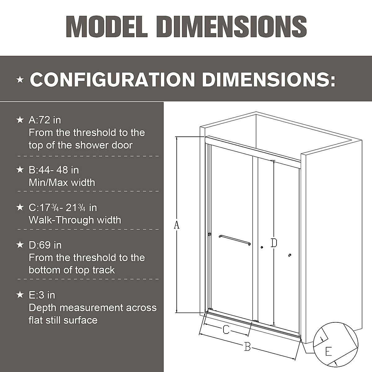 44-48 in. x 72 in. Sliding Shower Door, Adjustable Semi-Frameless Bypass Shower Door, 1/4" (6mm) Thick SGCC Tempered Glass Door, 304 Stainless Steel Hardware (Black)