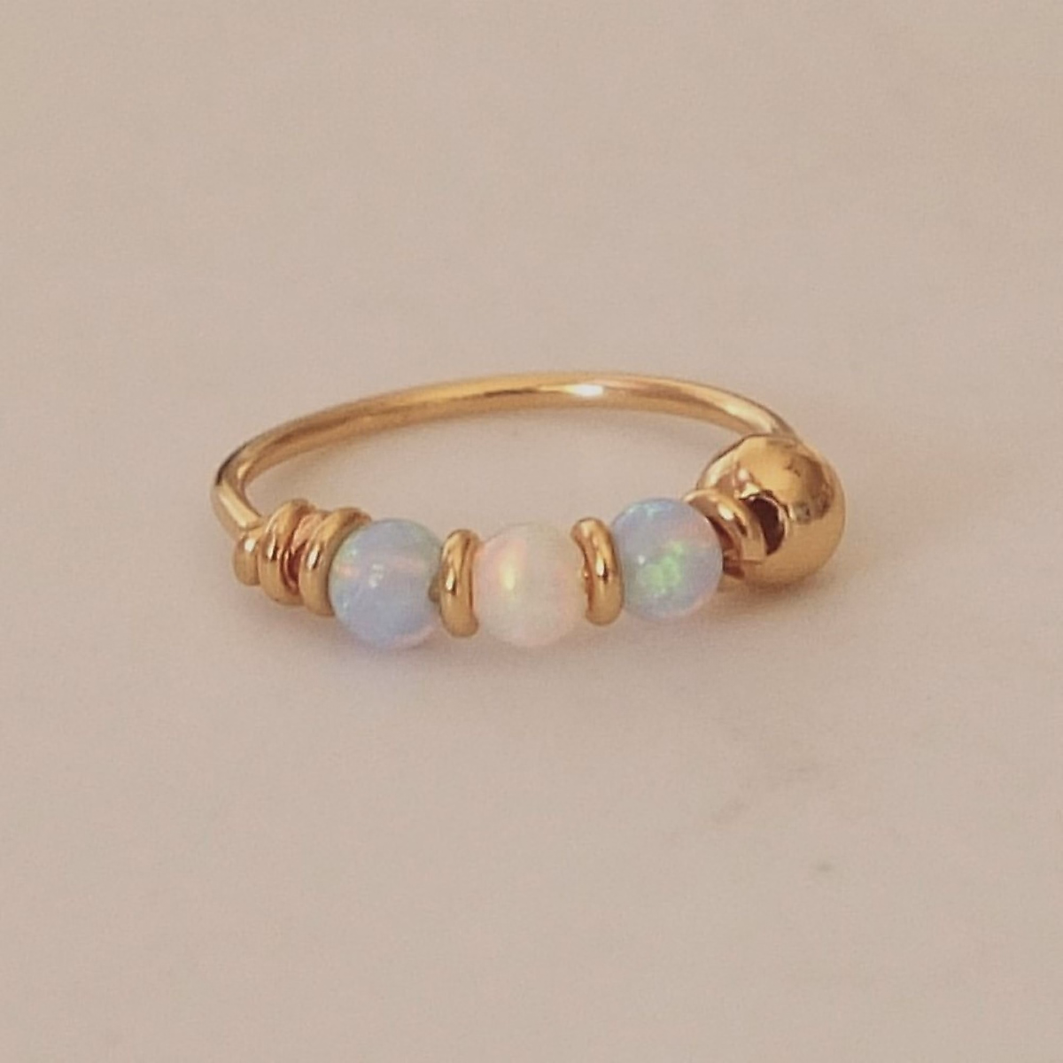 Handmade Gold Single 10MM Cartilgae Helix Piercing Hoop Earring with Trio Blue&White Opal, Gold Plated over Sterling Silver Very Small Thin 22Gauge Hoop for women, By Miya Jewelry Creations