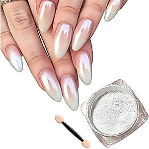 White Pearl Chrome Nail Powder, Pearlescent White Nail Art Jewelry Glitter Powder Mirror Effect Aurora Magic Pearlescent Symphony Mermaid Pearl Neon Nail Powder,DIY Nail Art Decorations Manicure Tool