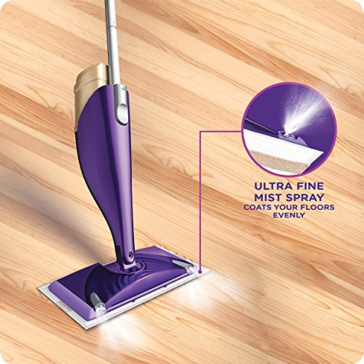 Swiffer Wetjet Wood Floor Spray Mop Starter Kit Power Mop 5 Mopping Pads Floor Cleaner Liquid Solution, Purple, 1 Count