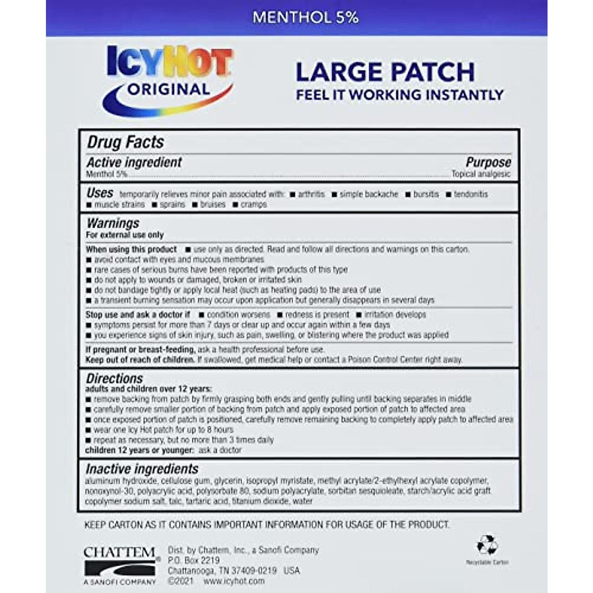 Icy Hot Original Medicated Pain Relief Patch, Large, 5 count