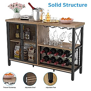 Bar Cabinet Industrial Wine Organizer with Wave-Shaped Wine Glass Rack Mesh Door Adjustable Inner Board Multi-Function Floor Liquor Cabinet Bar for Home Farmhouse Living Room