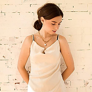 Mesovor Single Pearl Pendant Necklace for Women, 16K Gold Plated Paperclip Chain Necklace (Gold)