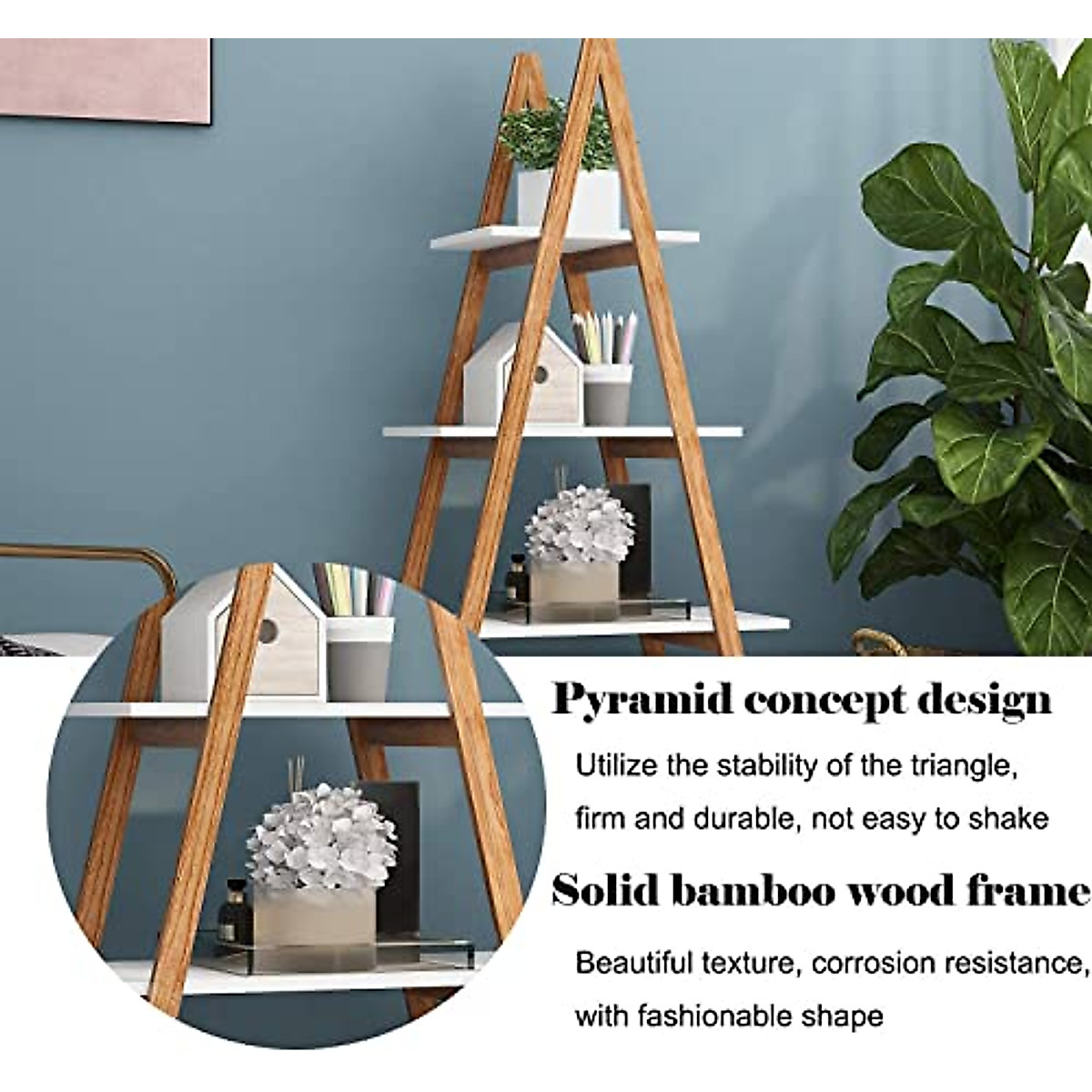 DKLGG 4-Tier Bookshelf Wooden Ladder Shelf Wooden Bookcase A- Shaped with Bamboo Frame, Freestanding Plant Stand Open Shelf, Decorative Plant Shelves for Living Room, Bedroom, Home Office(White)