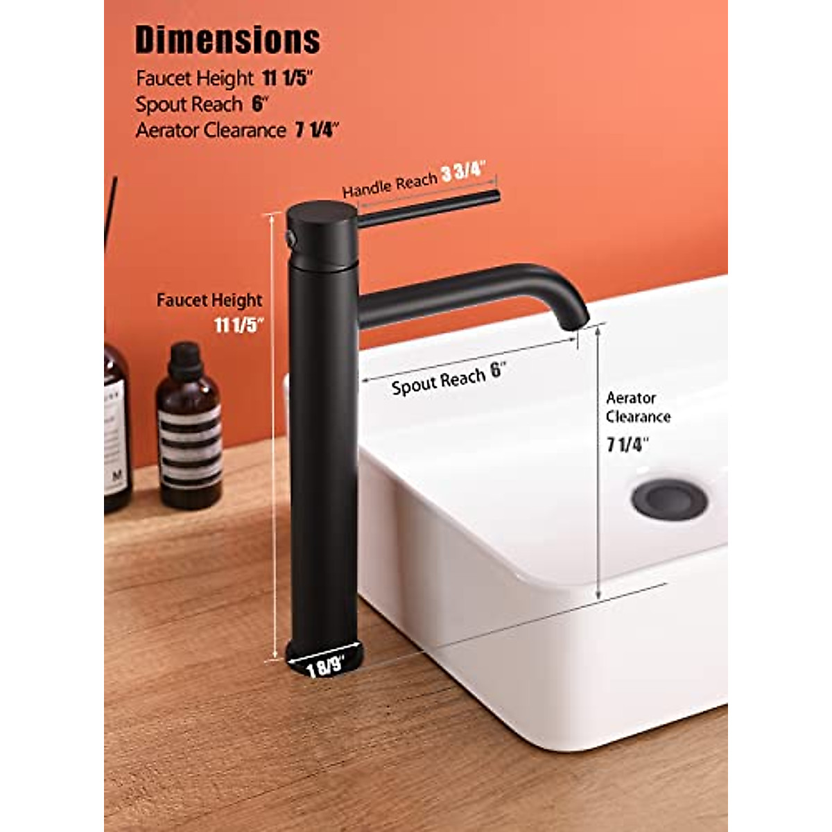 Bathroom Vessel Sink Faucet Matte Black Single Hole Tall Faucet with Long Spout, Include Pop up Sink Drain Stopper