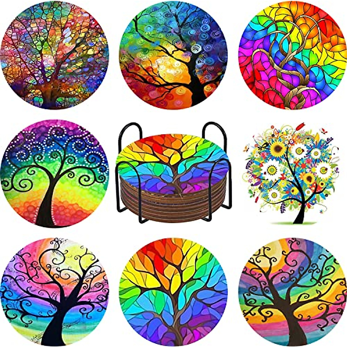 8 PCS Diamond Painting Coasters kit with Holder-Colorful Tree Diamond dot Art Coasters for Adults Kids Beginners,DIY Art and Crafts Gift