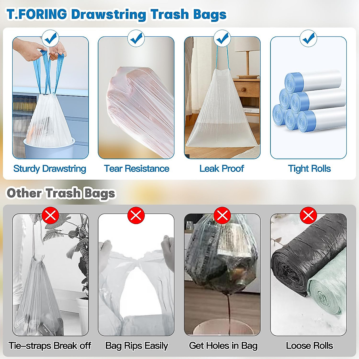 T.FORING 4 Gallon Trash Bags Drawstring 1.1 Mil - 120 Count White Small Garbage Bags Unscented for Bathroom, 15 Liter Thick Plastic Wastebasket Liners for Toilet Home Office and Bedroom