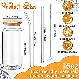 Dandat 8 Pack Halloween Glass Cups 16 oz with 12 Pcs Sublimation Picture for DIY Blank pumpkins Iced Coffee Beer Can with Lids and Straws Tumbler Mason Jar Cups Mug Drinking Borosilicate Glass