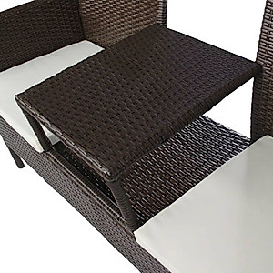 Outdoor 2-Person Rattan Loveseat | 2-Seater Garden Sofa with Tea Table | Wicker Patio Conversation Set with Built-in Coffee Table for Backyard Pool Yard | Brown Poly Rattan 59.8" x 24.4" x 33.4"
